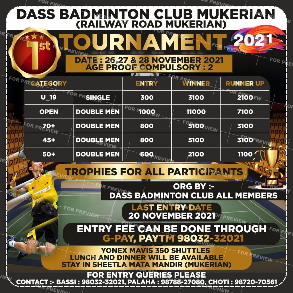1st Badminton Tournament – Mukerian – Badmintonpb