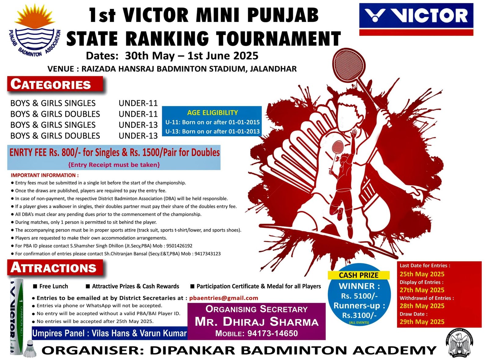 1st Victor Mini Punjab State Ranking Tournament - Badmintonpb